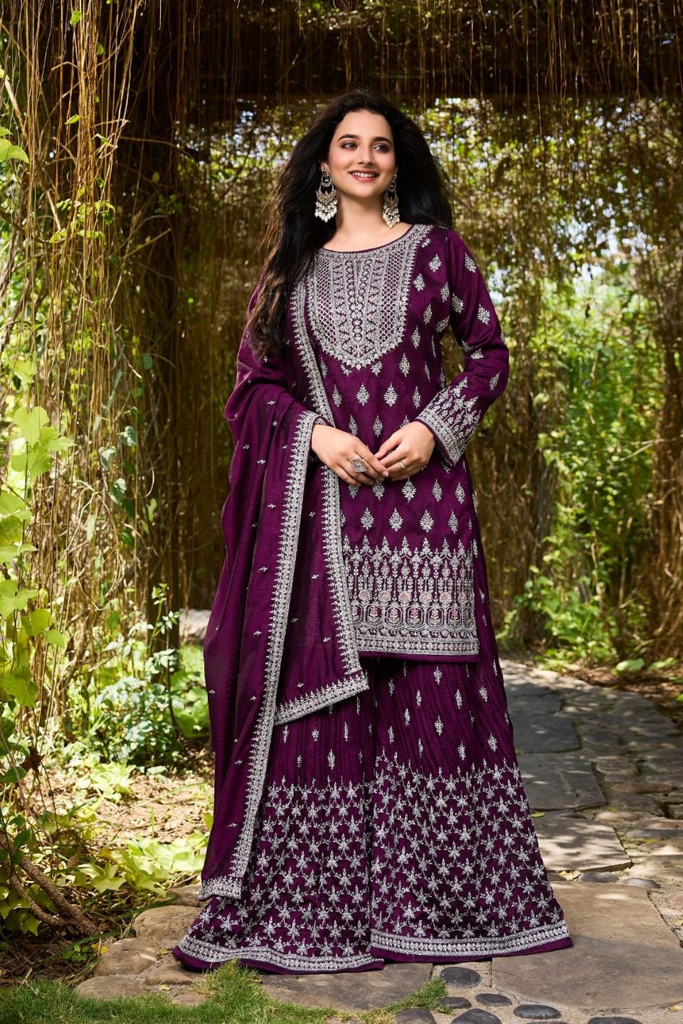 Purple Partywear Beautiful Sharara Suit - luish.in