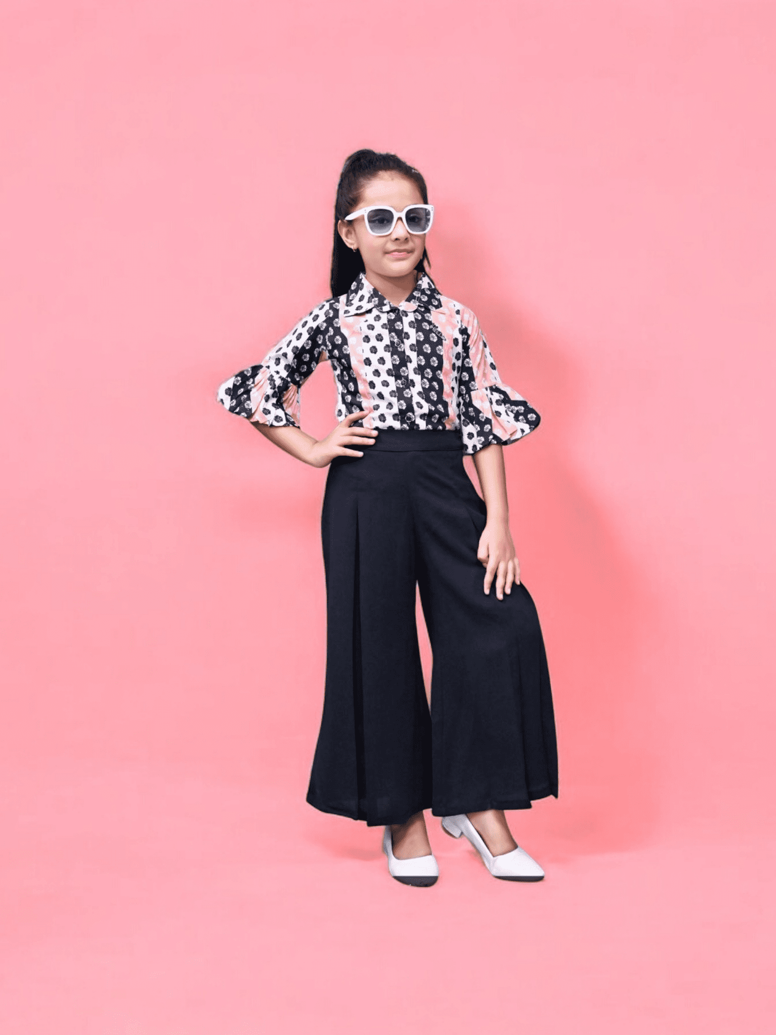 Pink Printed Top and Navy Blue Plazo Set for Girls - luish.in